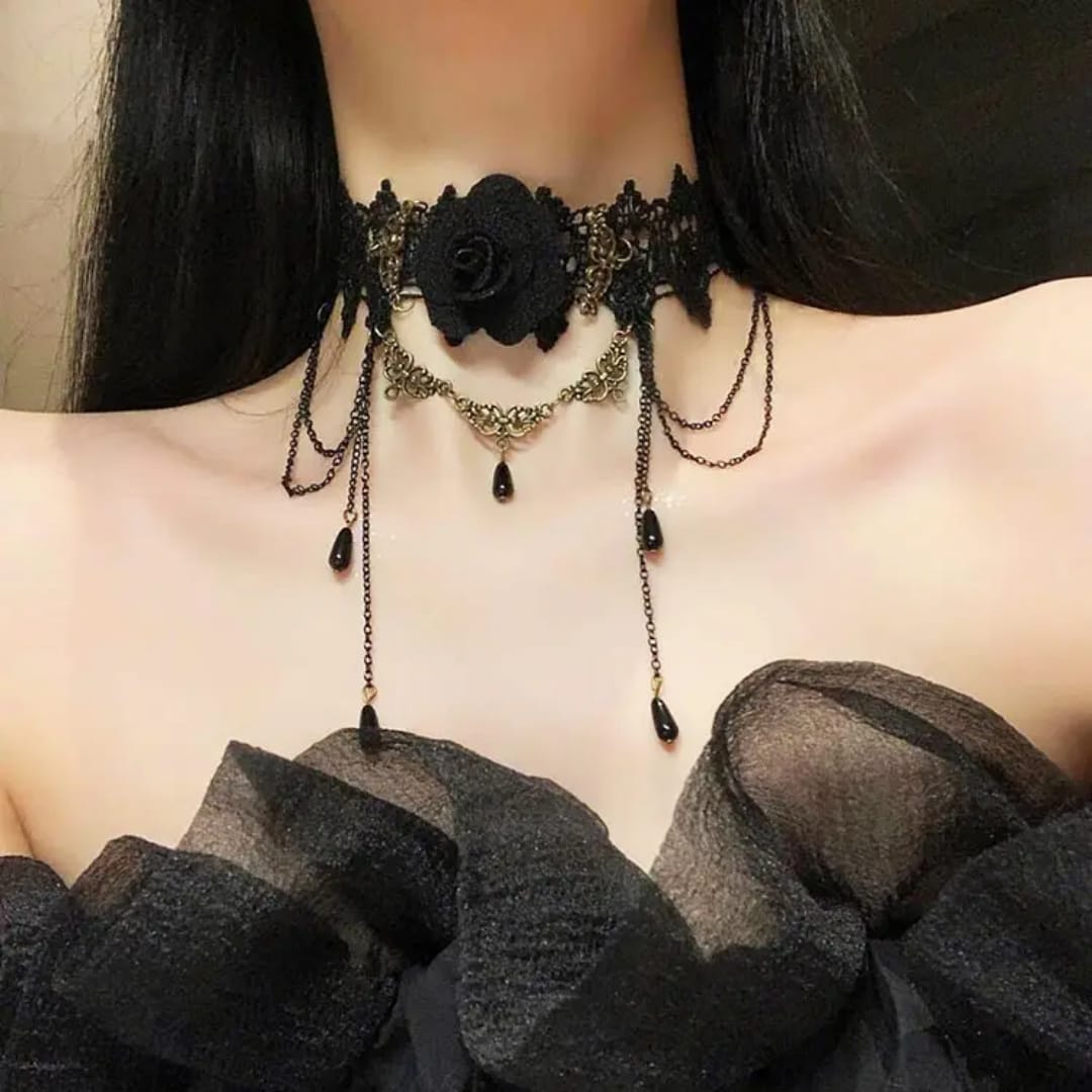 Black Lace Choker with Rose & Chain Detail – Adjustable Fit – Adawn